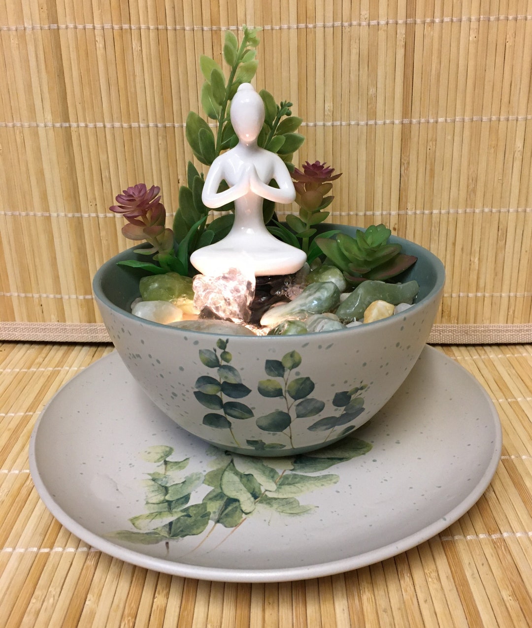 Tranquility Jade wellness Eucalyptus Fountain & White Lady Meditating ...