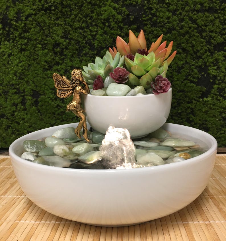 Tranquility Tabletop Water Fountain Garden LIVE Succulents & Tiny Angel ...