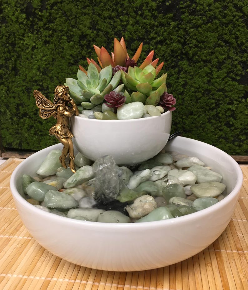 Tranquility Tabletop Water Fountain Garden LIVE Succulents & Tiny Angel ...