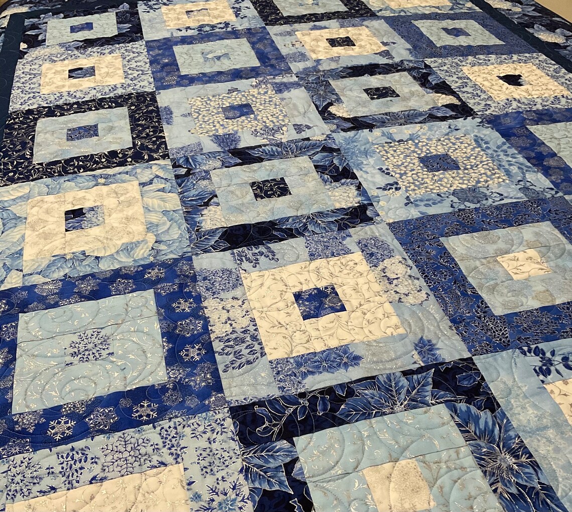 Blue Winter Quilt, Snow Flower, Finished Handmade Quilt, Twin Lap Throw ...
