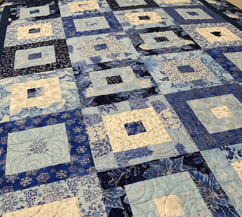 Blue Winter Snow Quilt, Snow Flower, Finished Handmade Twin Lap Throw ...