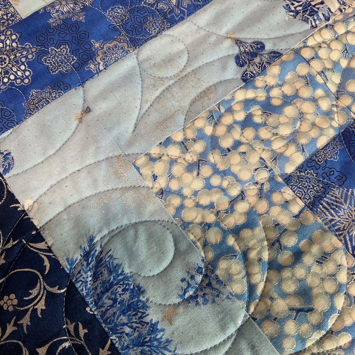 Blue Winter Quilt, Snow Flower, Finished Handmade Quilt, Twin Lap Throw ...
