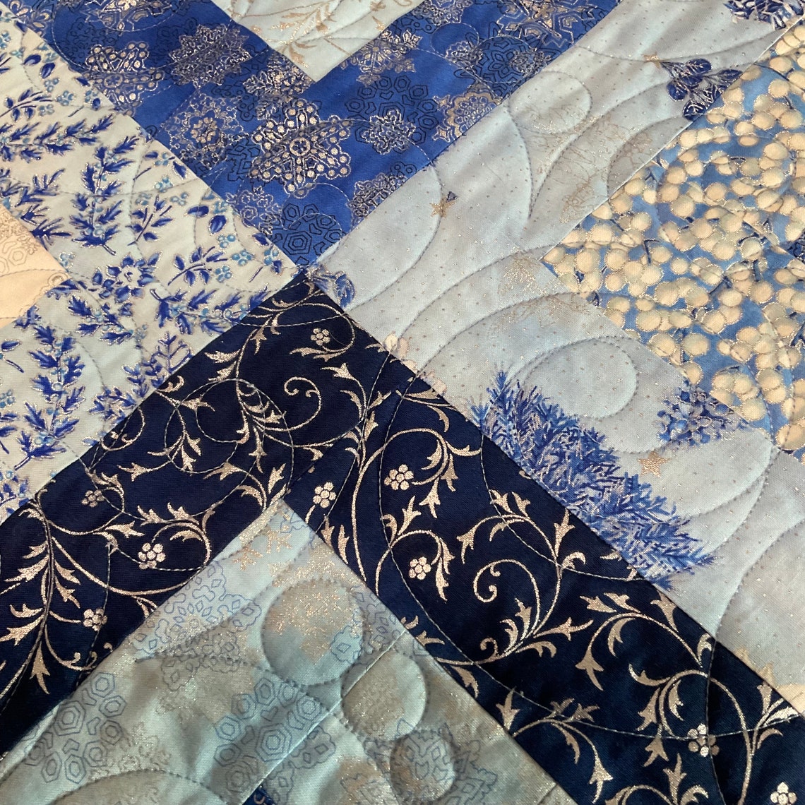 Blue Winter Quilt, Snow Flower, Finished Handmade Quilt, Twin Lap Throw ...