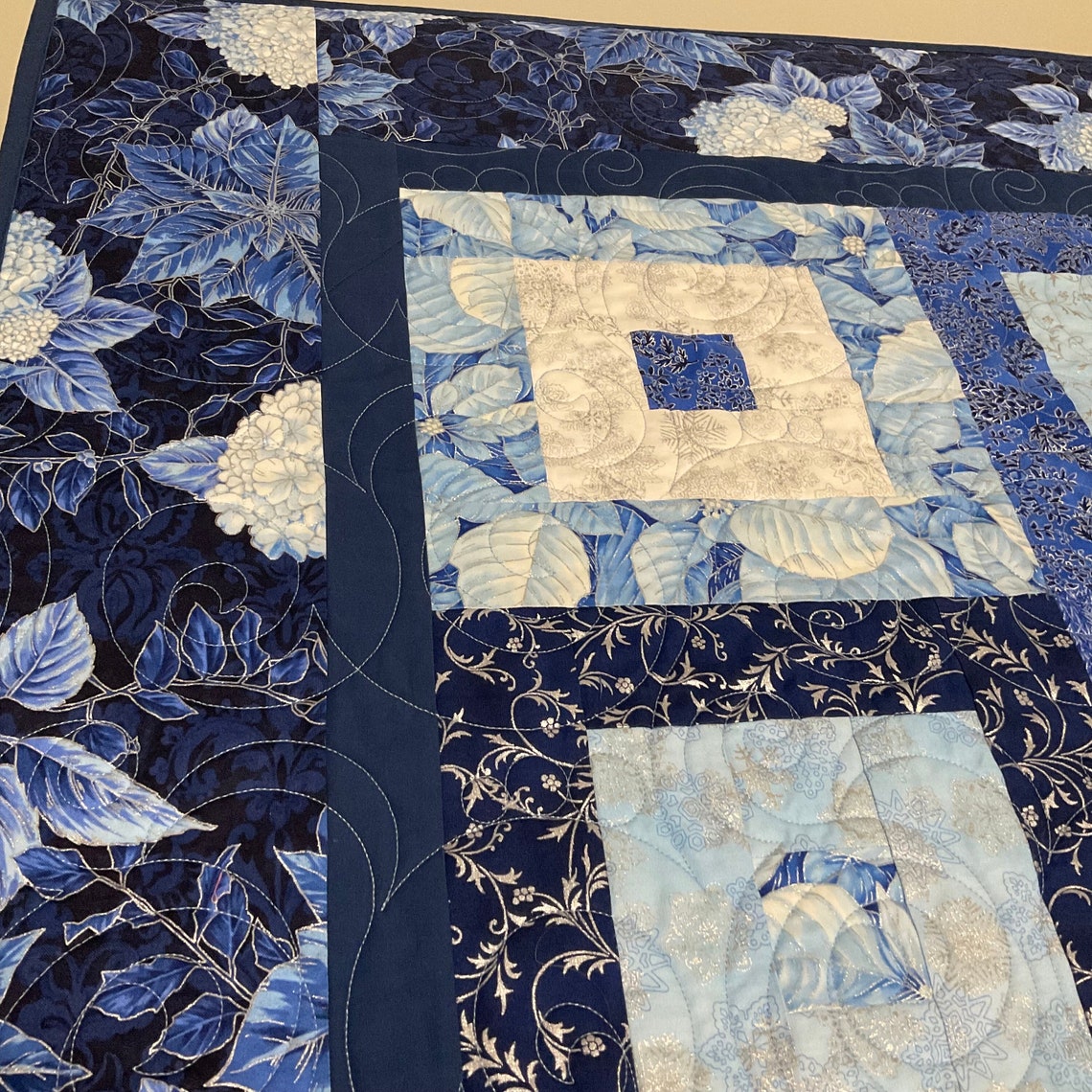 Blue Winter Quilt, Snow Flower, Finished Handmade Quilt, Twin Lap Throw ...