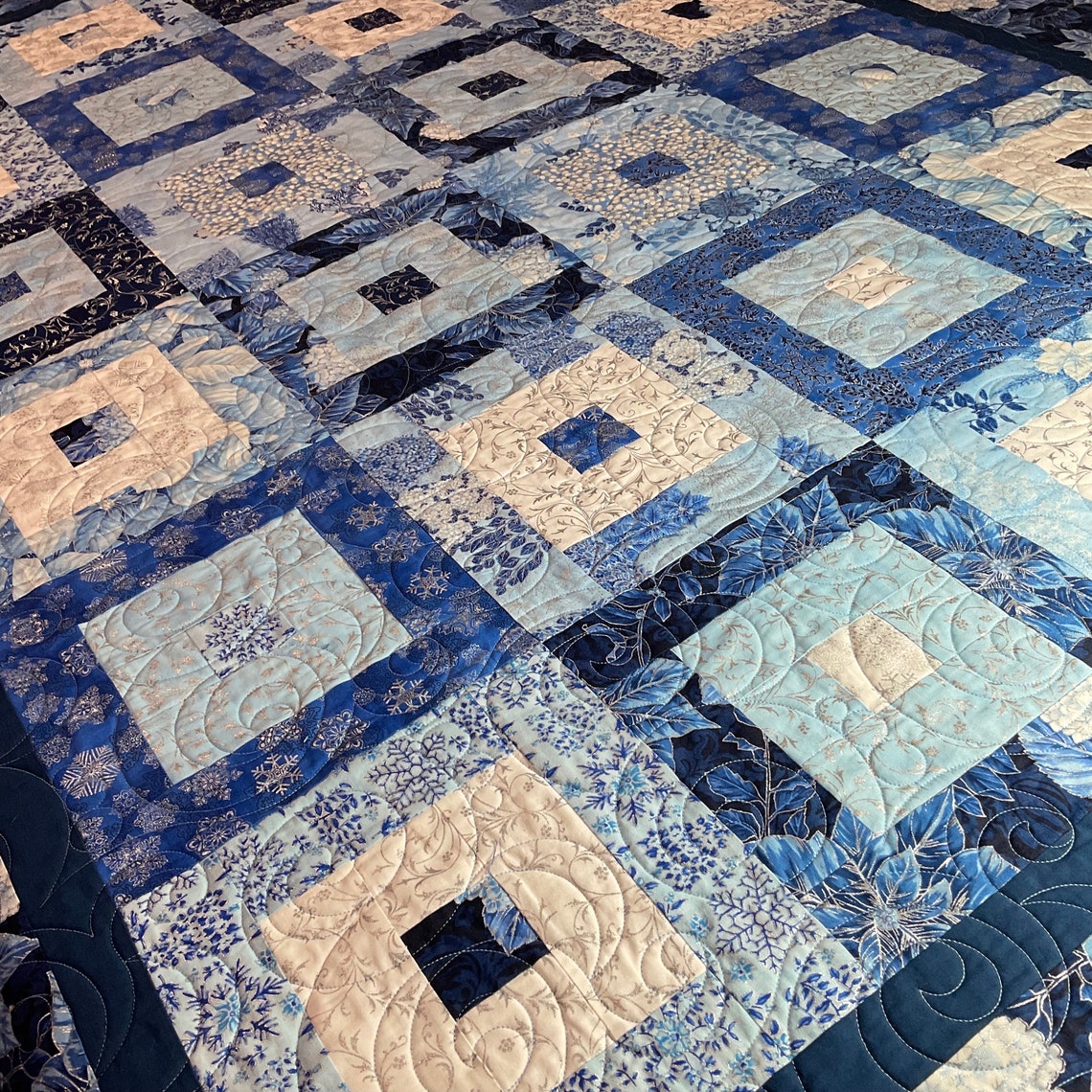 Blue Winter Quilt, Snow Flower, Finished Handmade Quilt, Twin Lap Throw ...