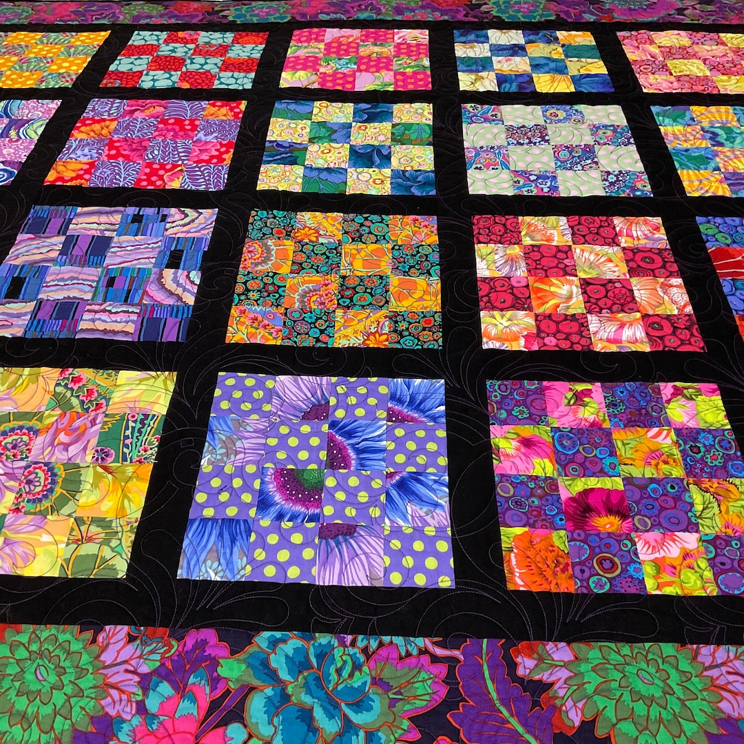 Black Purple Kaffe Fassett 16-patch Lap Quilt or Wallhanging, Finished Handmade Quilt, Every ...