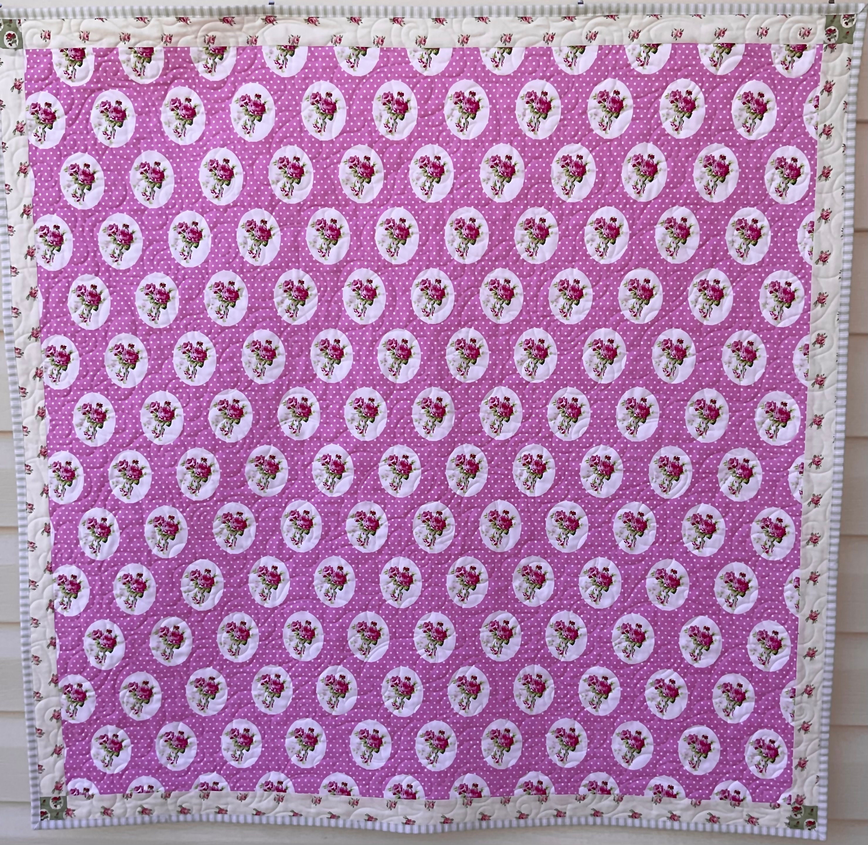 Pink Roses Handmade Finished Quilt, Wholecloth Baby Girl Quilt, Oval ...