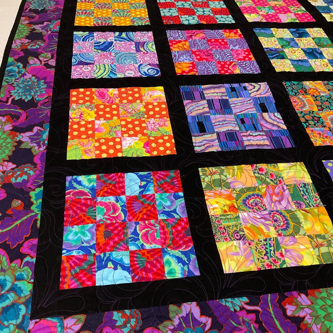 Black Purple Kaffe Fassett 16-patch Lap Quilt or Wallhanging, Finished Handmade Quilt, Every ...