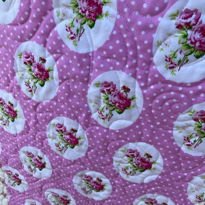 Pink Roses Handmade Finished Quilt, Wholecloth Baby Girl Quilt, Oval ...