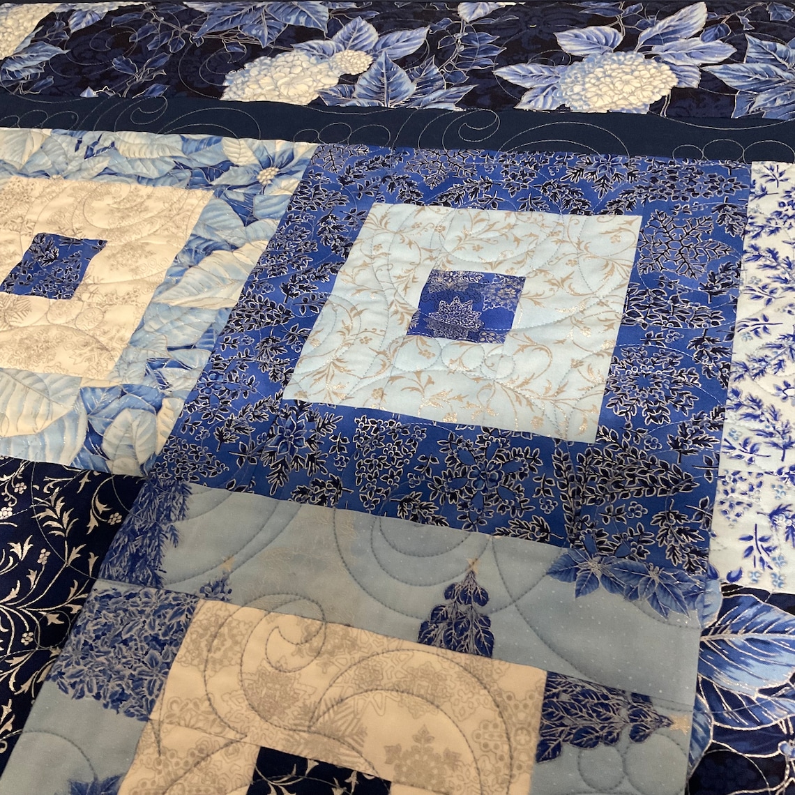 Blue Winter Snow Quilt, Snow Flower, Finished Handmade Twin Lap Throw ...