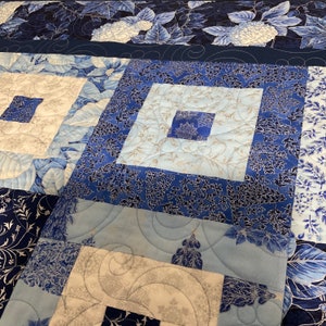 Blue Winter Quilt, Snow Flower, Finished Handmade Quilt, Twin Lap Throw ...