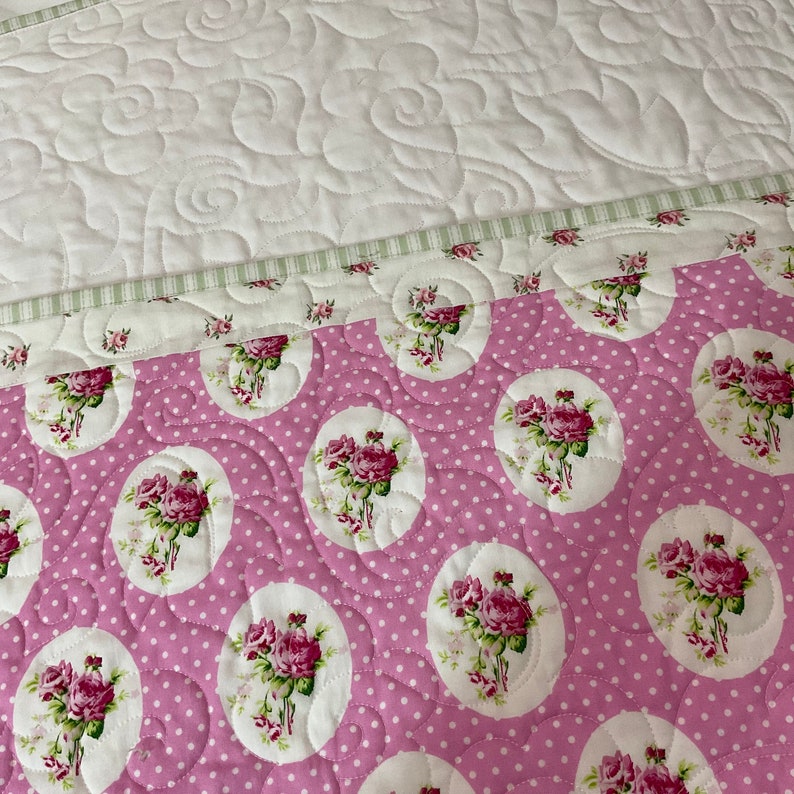 Pink Roses Handmade Finished Quilt, Wholecloth Baby Girl Quilt, Oval ...