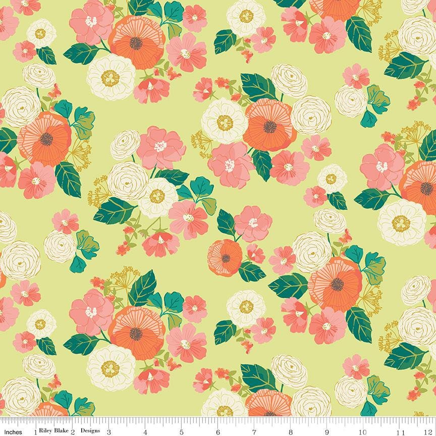 Floral Fabric by Half Yard, Bright Floral Cotton, Green Flower Quilting ...