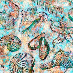 Shell Fabric by Half Yard, Ocean Fabric, Printed Quilting Cotton, Sea ...