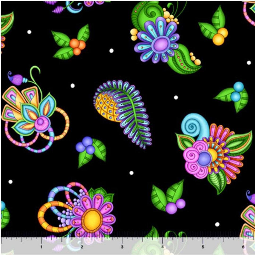 Black Floral Fabric by Half Yard, Flower Cotton, Bright Floral Quilting ...