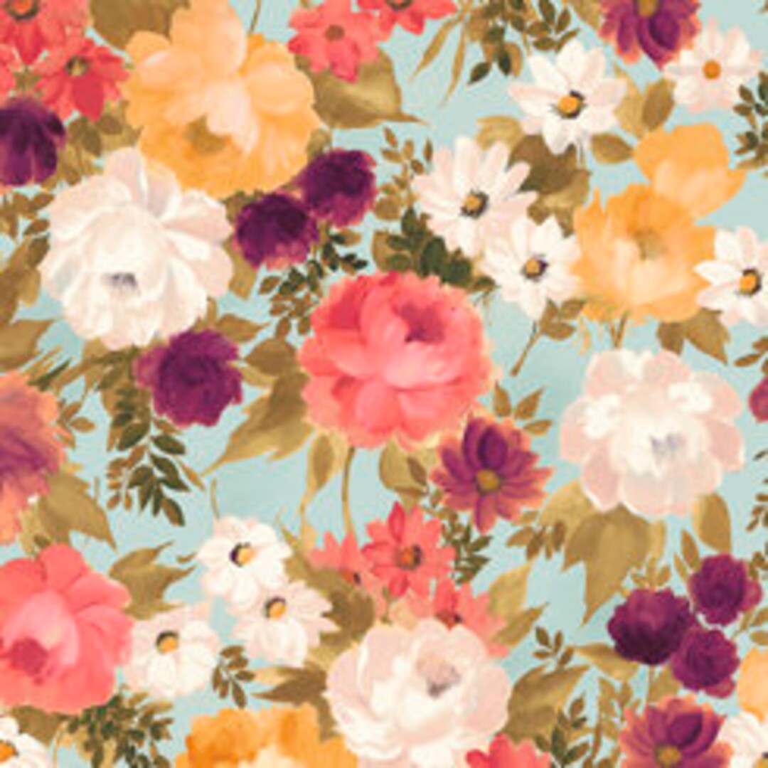 Large Blue Floral Fabric by Half Yard, Flower Cotton, Large Floral ...