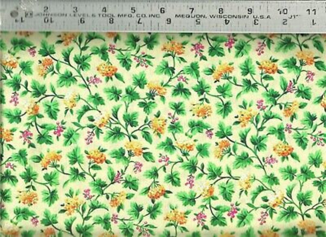 Light Floral Fabric by Half Yard, Flower Cotton, Yellow Floral Vine ...