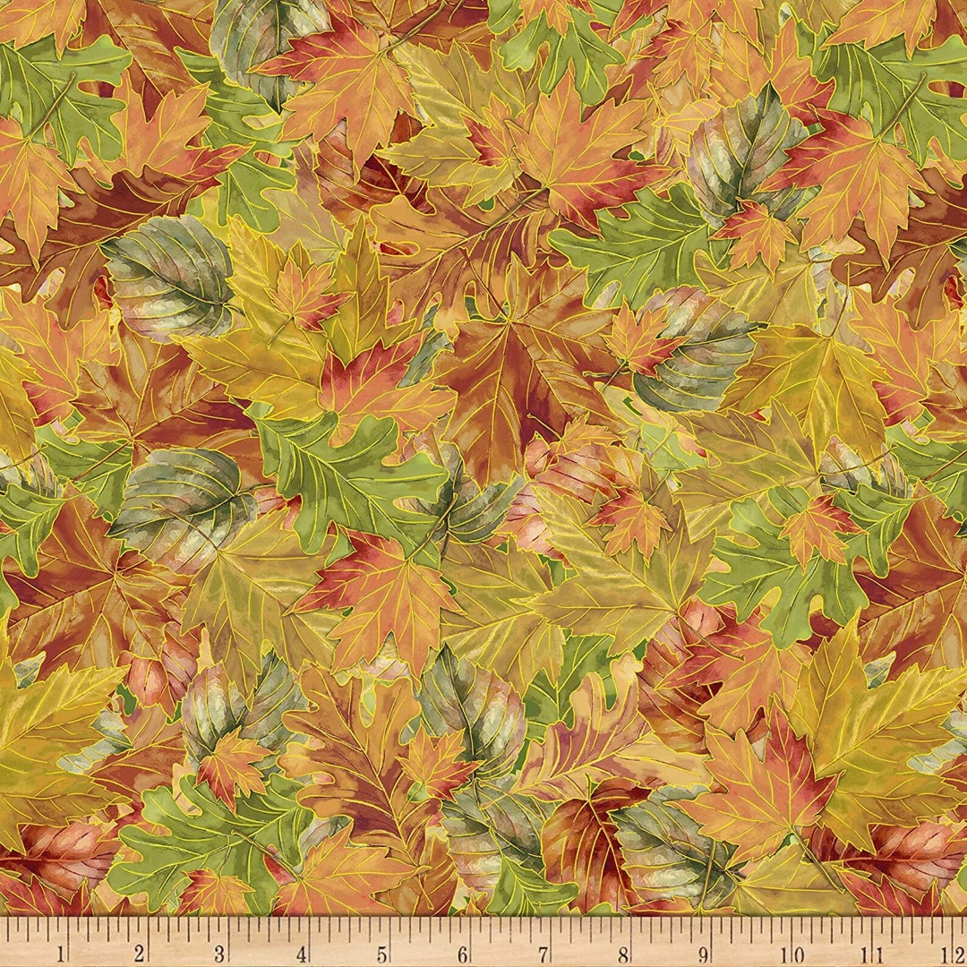 Fall Leaves Fabric by Half Yard, Metallic Leaves Cotton, Fall Harvest ...