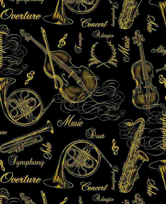 Music Instrument Fabric by Half Yard Metallic Music Quilting | Etsy