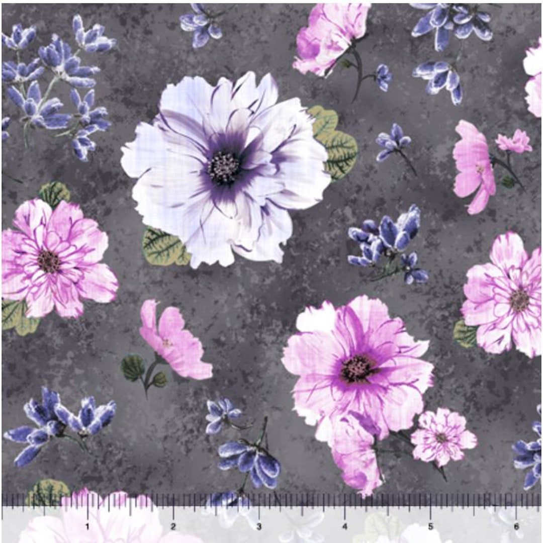Grey Floral Fabric by Half Yard, Flower Cotton, Grey Floral Quilting ...
