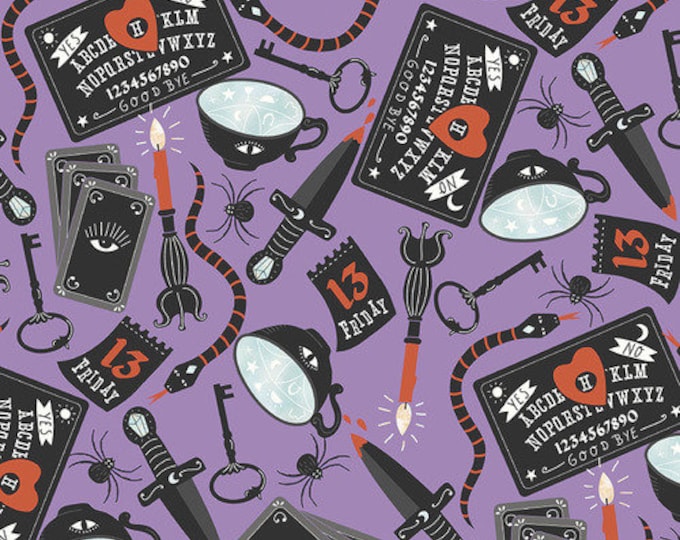 Witch Fabric Witchy by Carola Koberstein Witch Gray Aqua Crystal Ball ...