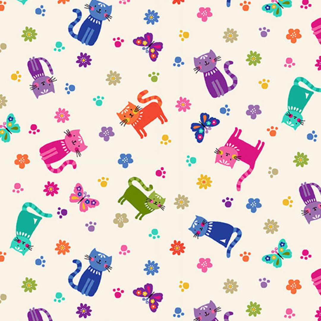 Cat Fabric by Half Yard, Bright Cat Printed Quilting Cotton, Cat ...