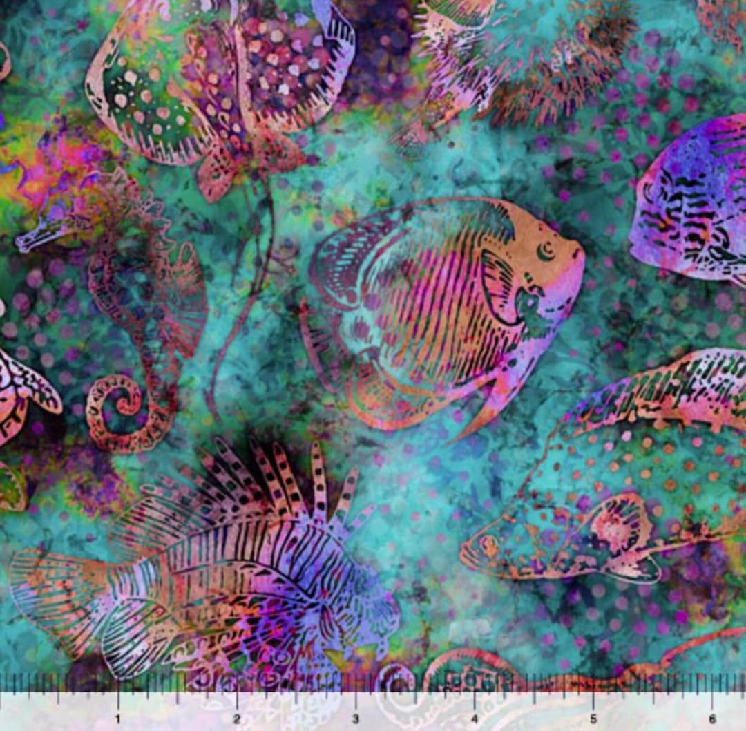 Teal Fish Fabric by Half Yard, Ocean Fabric, Fish Printed Quilting ...