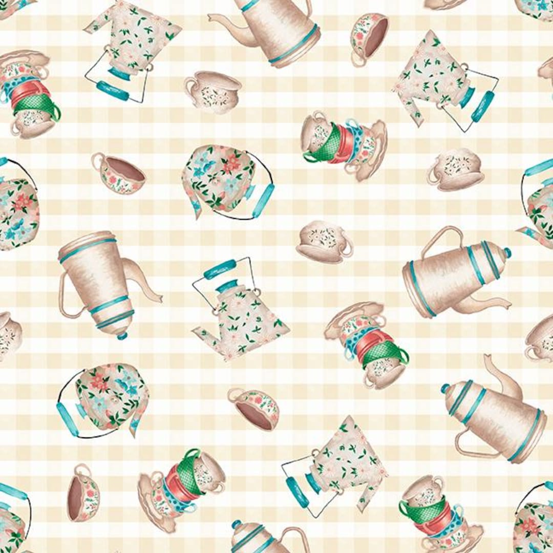 Tea Cup and Tea Pot Fabric by Half Yard, Tea Time Print Fabric, Cottage ...