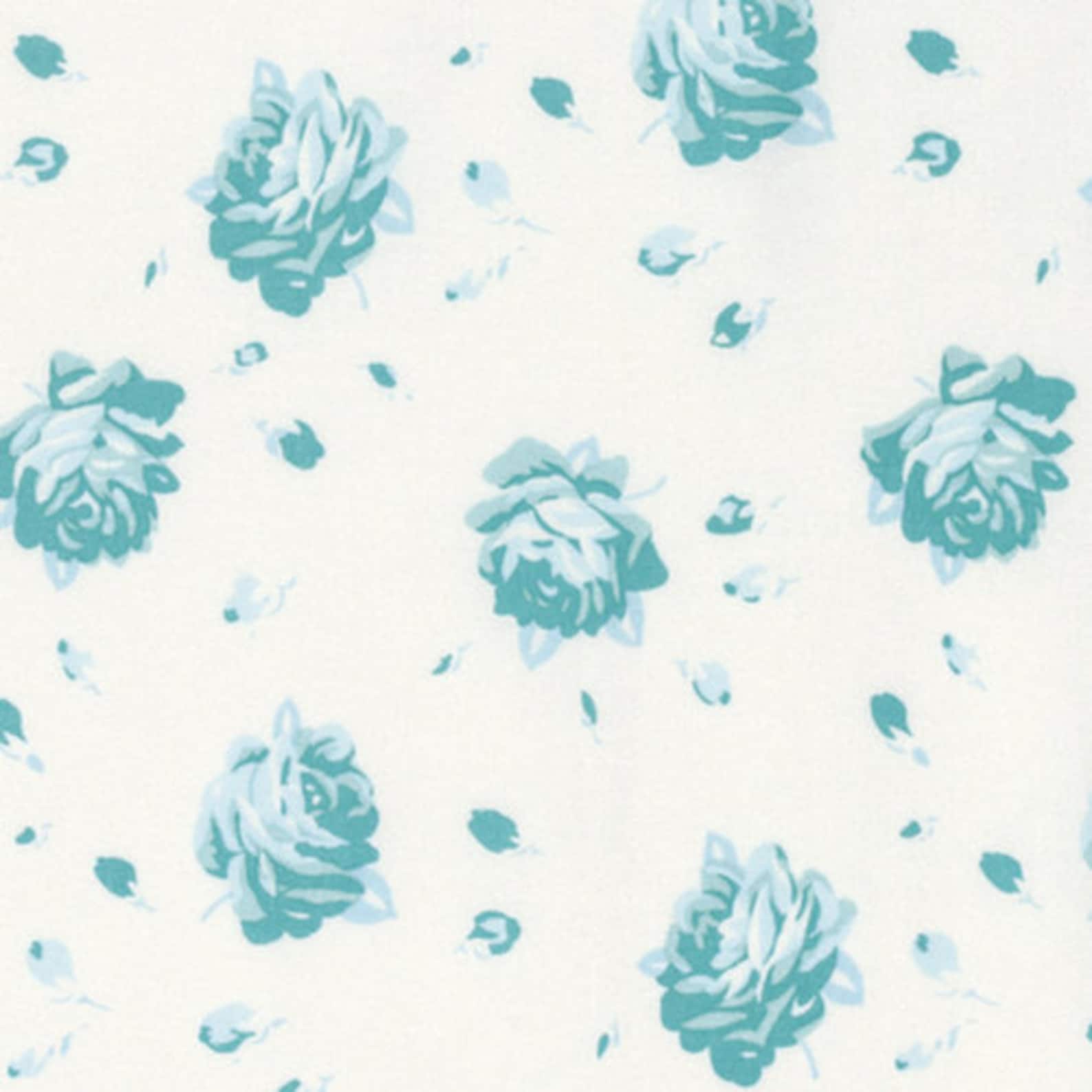 Teal floral fabric by half yard flower cotton falling rose | Etsy
