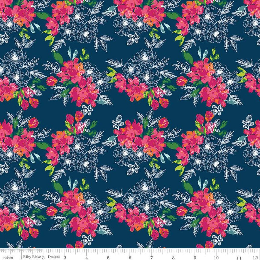 Floral Fabric by Half Yard, Bright Floral Cotton, Navy Flower Quilting ...