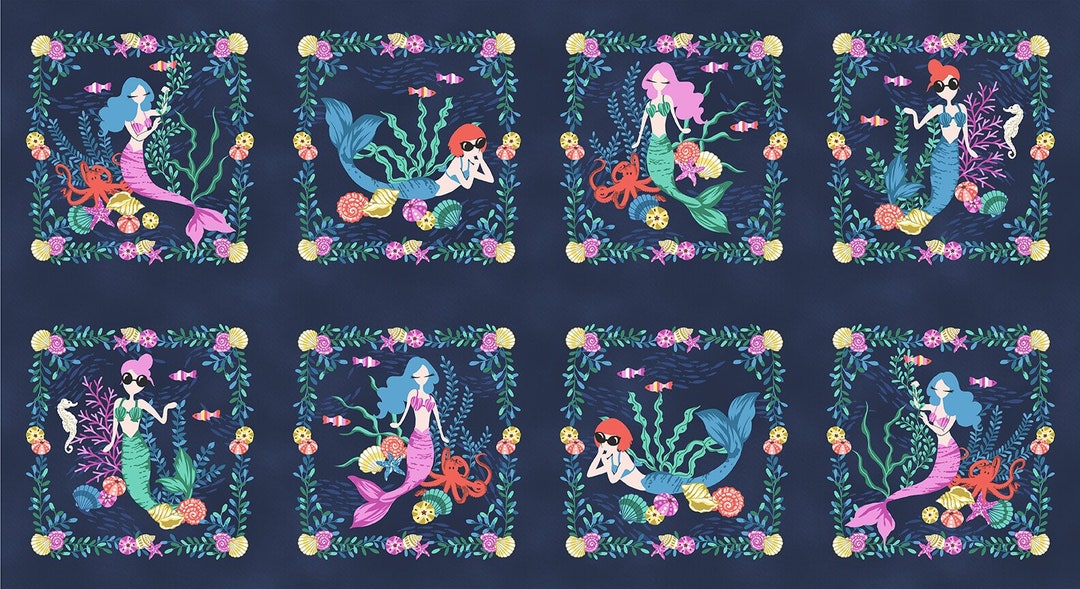 Mermaid Quilting Panel, Bright Panel, Printed Quilting Cotton, Ocean ...