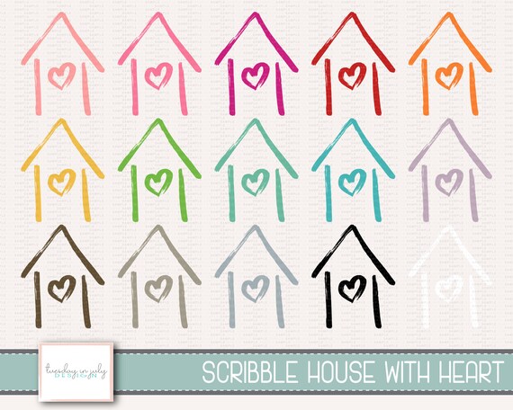 Scribble House with Heart House Home Heart Clipart Set | Etsy