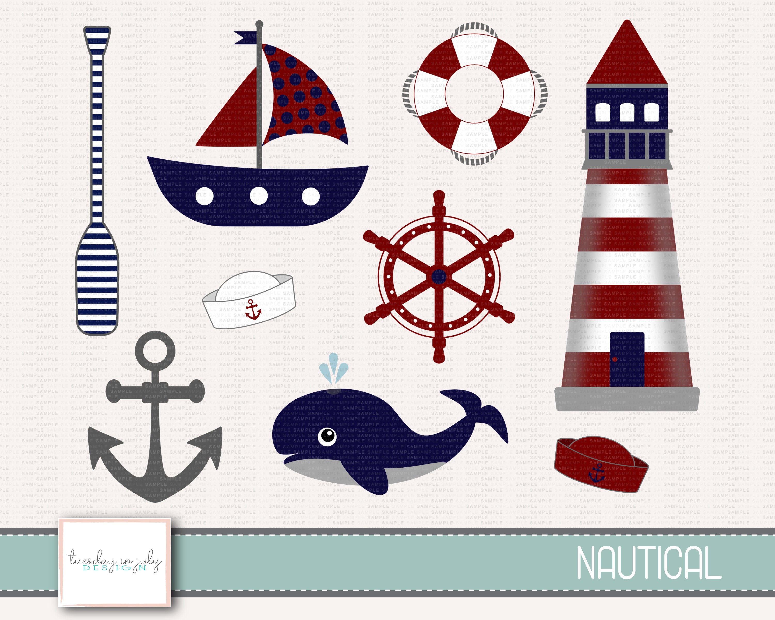 Nautical-whale-lighthouse-sailboat-anchor-clipart Set, Commercial Use ...