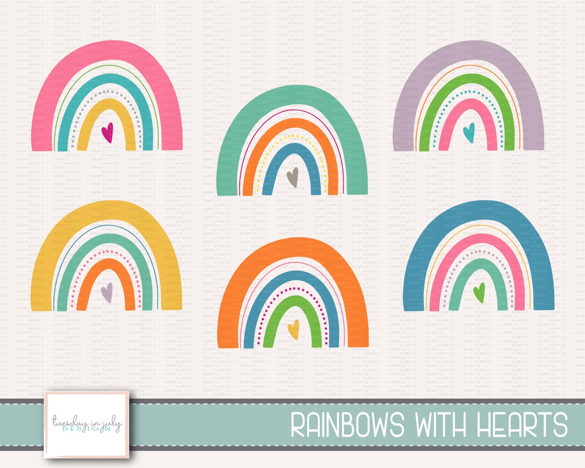 Rainbows with Hearts Rainbow Heart Hand Drawn Clip Art | Etsy