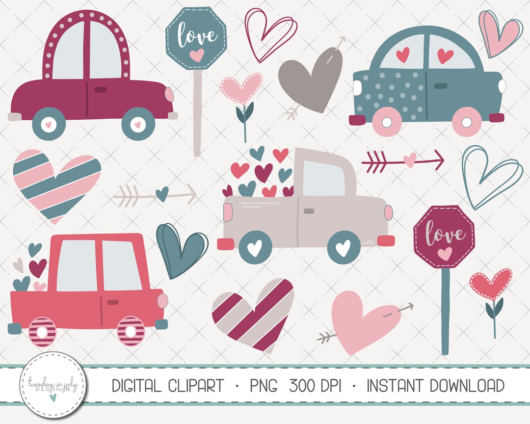 Valentine's Truck & Car Clipart Set, Hearts, Love, Hand Drawn ...