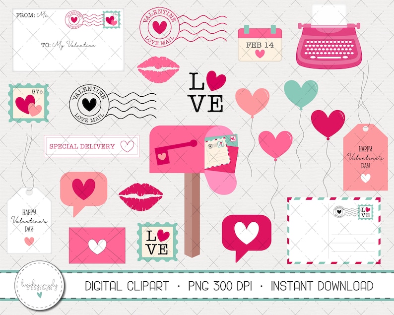 Valentine's Day Clipart Set, Valentine Mail Clipart, Valentine Clipart ...