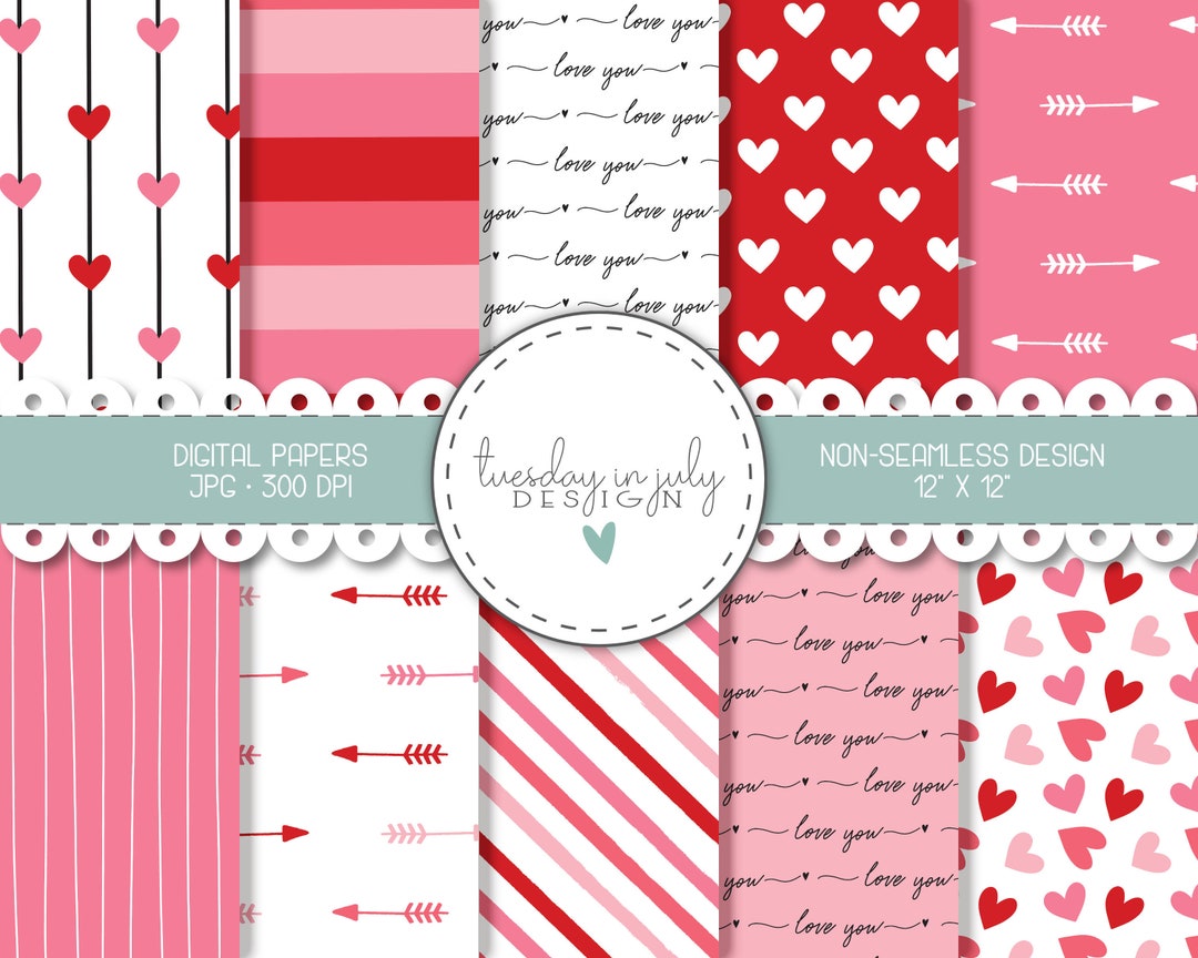 Love You Valentine's Day Paper Pack, Love Digital Papers, Valentine ...