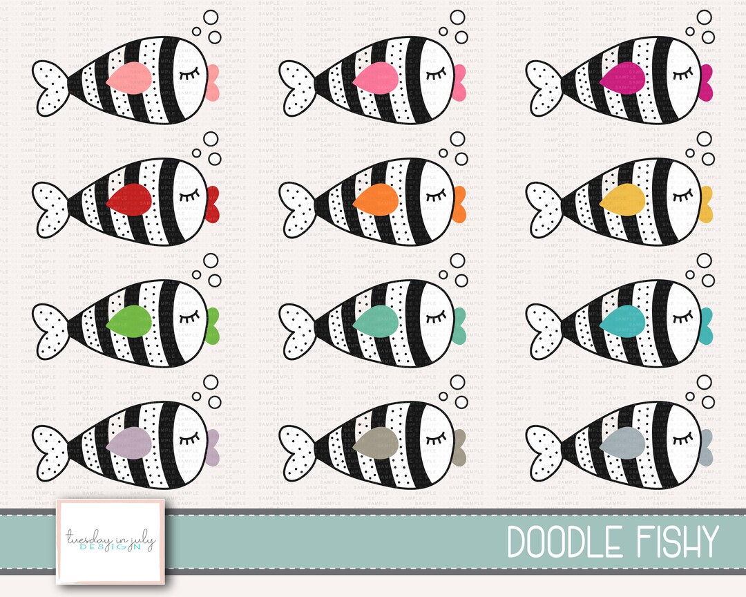 Doodle Fishy- Fish- Fishy- Hand Drawn Clipart Set, Commercial Use ...