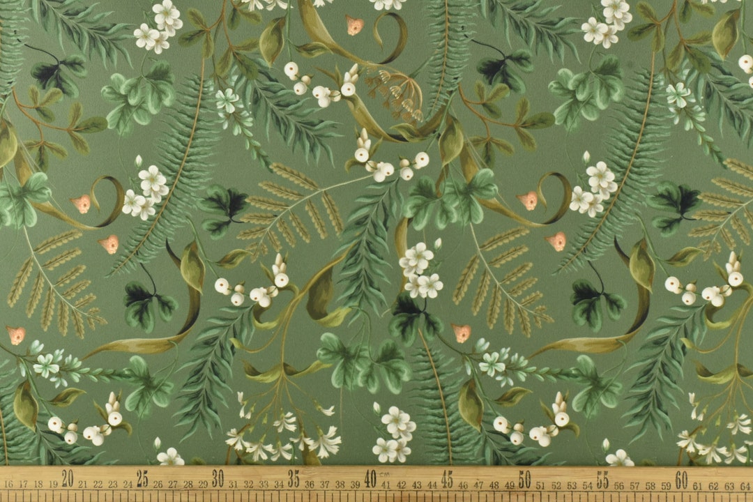 Vintage Shabby Chic Botanical Ferns Green Velvet Upholstery Fabric ...