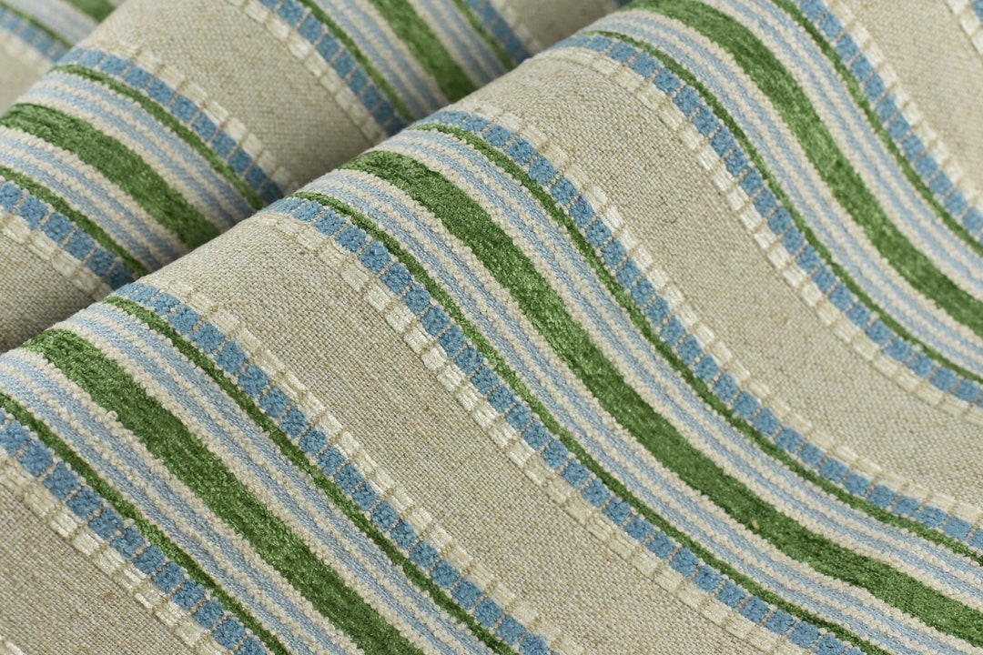 Woven Textured Linen Blend Farmhouse Green and Blue Stripe Jacquard ...