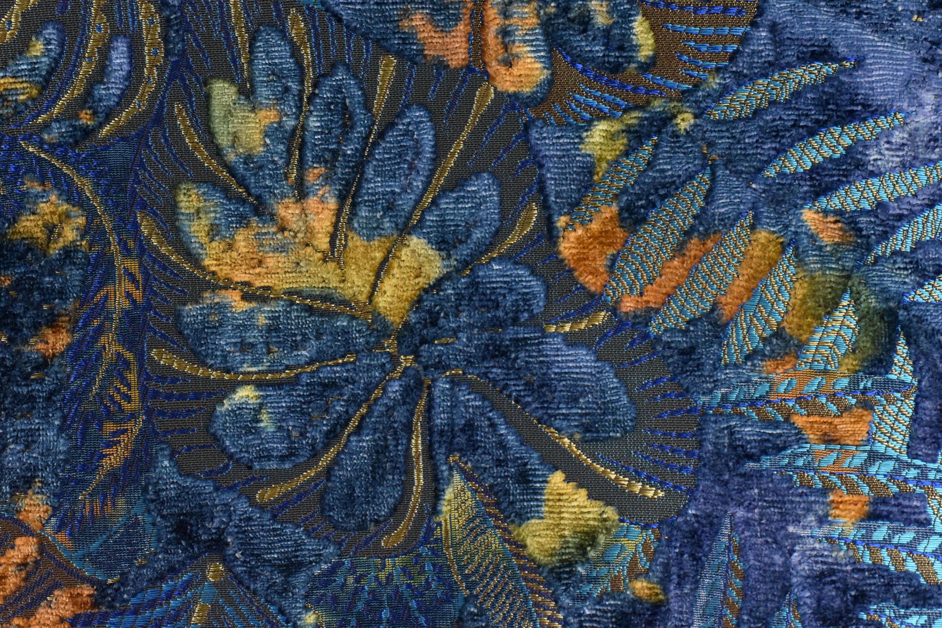 Heavy Weight Royal Blue Green Gold Tropical Botanical Leaf Cut Velvet ...