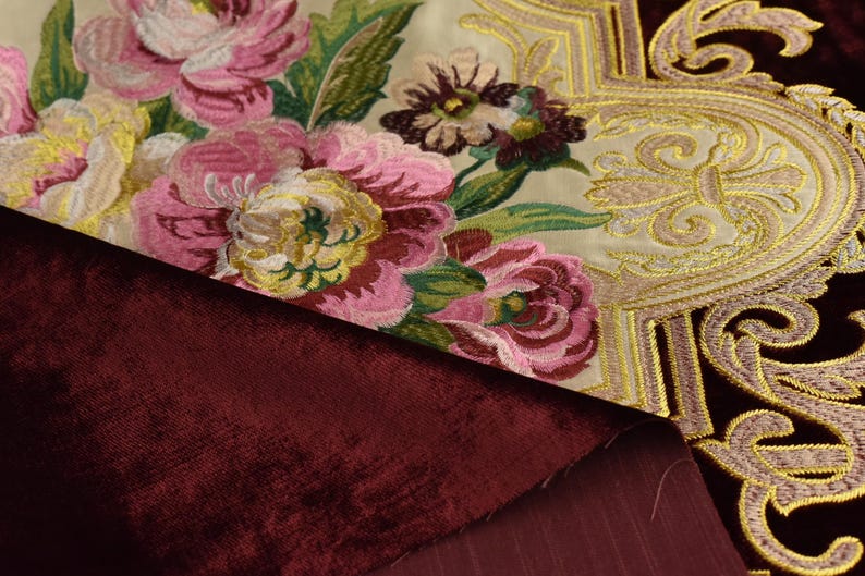 CLEARANCE Sale!antique Pink Green Embroidered Floral on Red Cut Velvet ...
