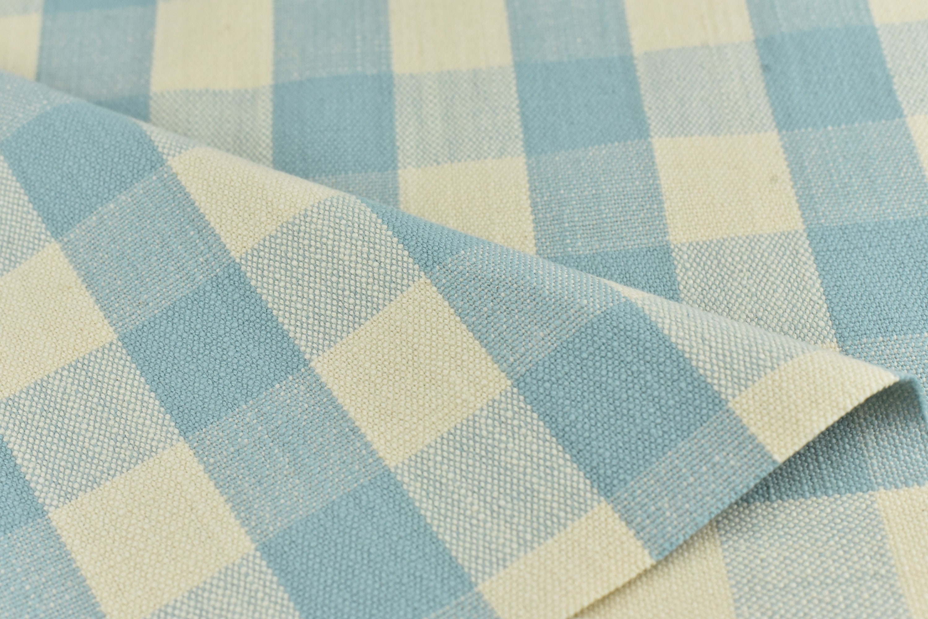 100% Pure Cotton Light Blue and Cream Vintage Buffalo Plaid Jacquard ...