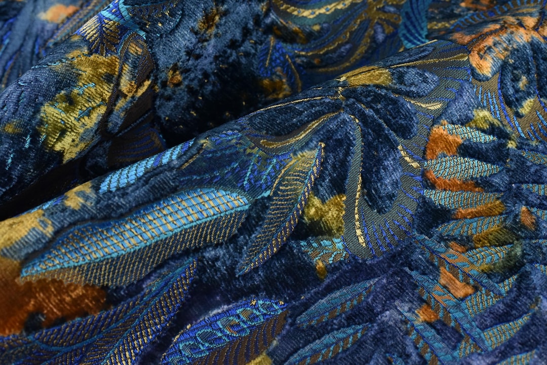 Heavy Weight Royal Blue Green Gold Tropical Botanical Leaf Cut Velvet ...