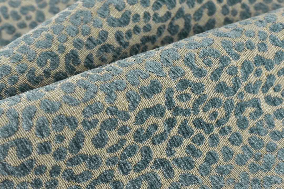 Designer Heavy Weight Linen Blend Cream Blue Chenille Leopard Jacquard ...
