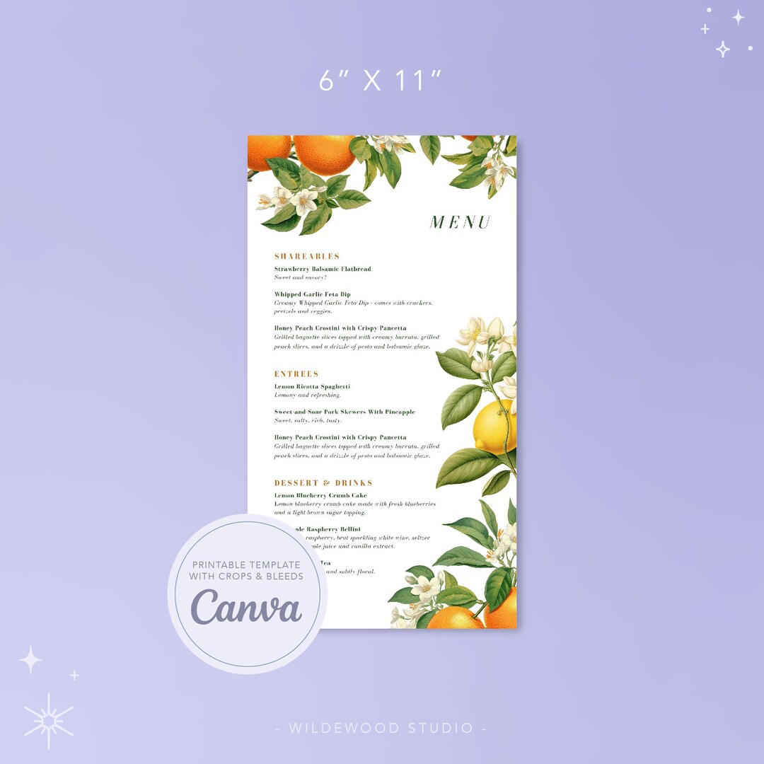 Vintage Citrus Menu, Floral Summer List Template, Canva Wedding Menu ...