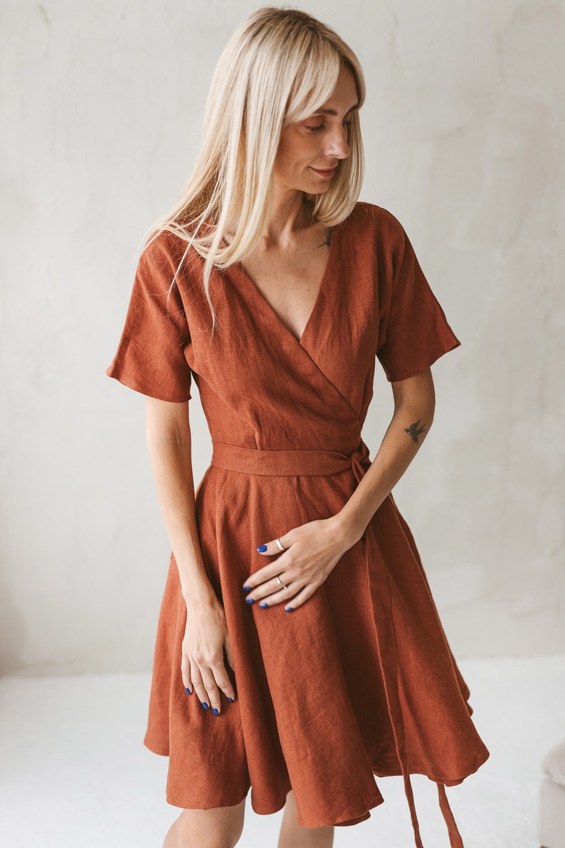 Womens Wrap Linen Dress CLEO, Kimono Robe Style Wrap Midi Dress, Linen ...