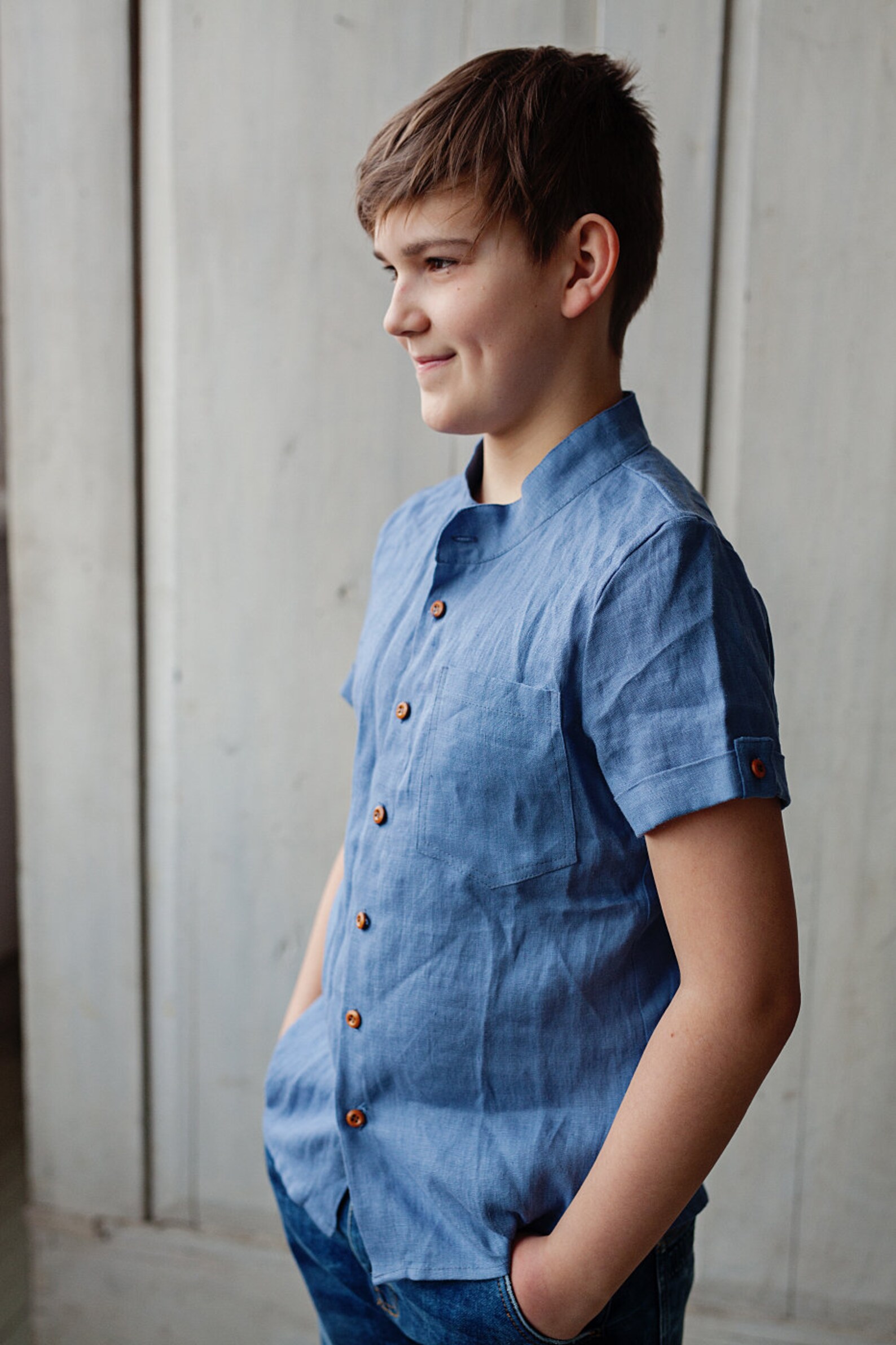 Washed Linen Shirt for Boys, Pure Linen Short Sleeve Button up Shirt ...