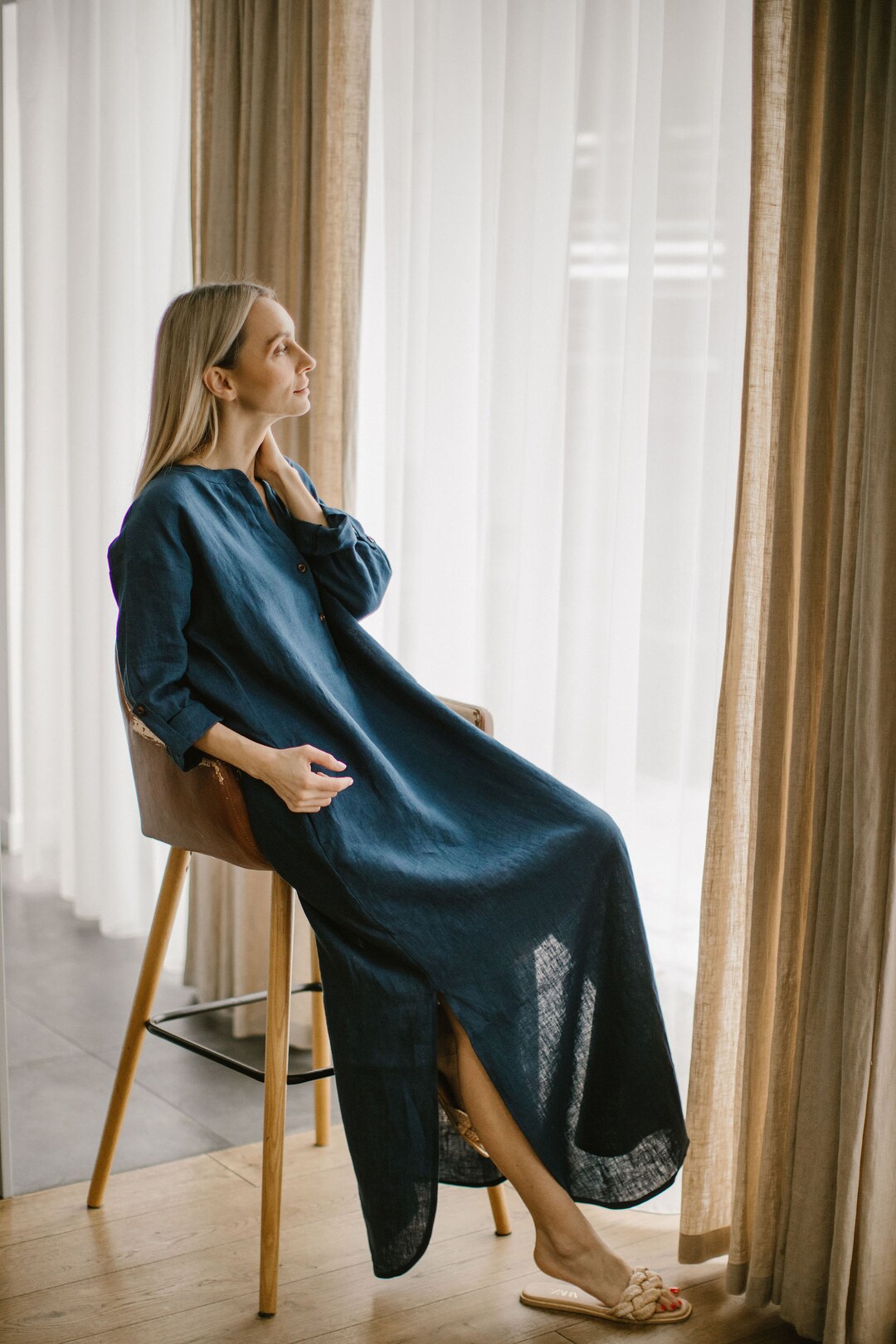 Maxi Length Linen Tunic With Buttons SOFT BUTTONED DRESS Linen Shirt ...