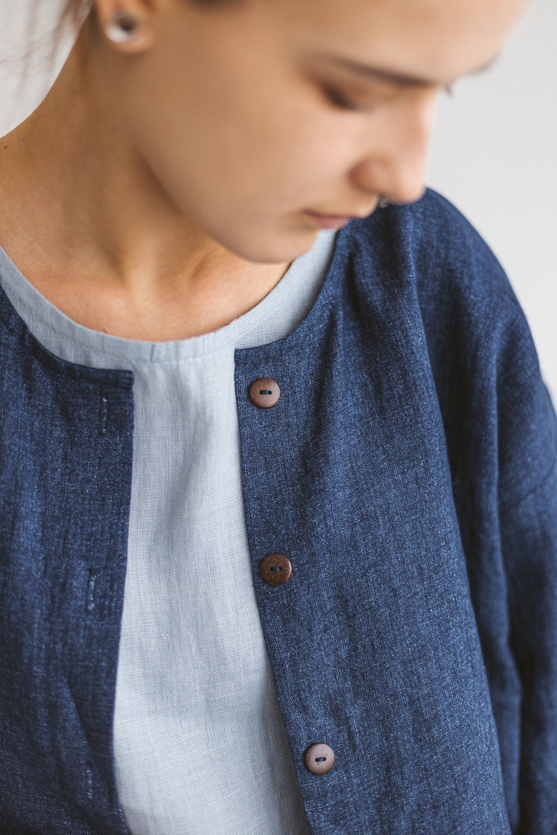 100% Organic Linen Cardigan for Women, Jacket With Buttons in Denim ...